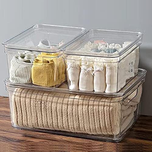 loobuu Plastic Clear Storage Bins with Lid, Stackable Pantry Organizer Box Bin Containers for Organizing Wardrobe Clothes, Fridge, Pantry Cabinet, Fruit, Vegetables, Bathroom Supplies 3 Pack