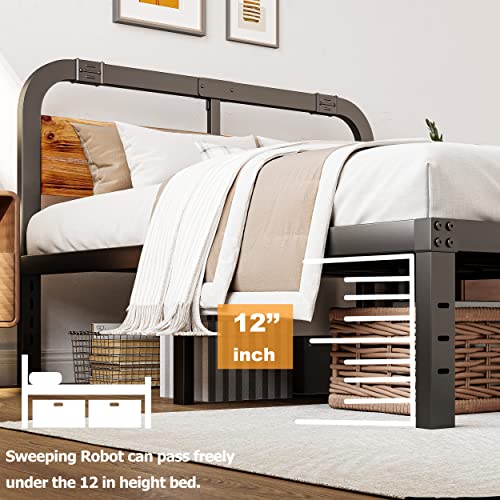 Aardhen Twin-XL Size Bed Frame 14 Inch Rustic Wood Headboard, Heavy Duty Steel Slats Support, Easy Assembly, No Box Spring Needed, Quiet and Sturdy
