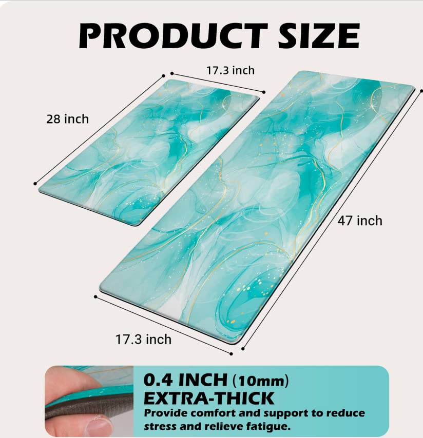 Teal Marble Kitchen Rugs Mats Sets 2 Gold Blue Turquoise Abstract Cushioned Anti-Fatigue Kitchen Floor Mat PVC Non-Slip Memory Foam Comfort Standing Mat for Sink Laundry, 17.3''x 28''+17.3'' x 47''