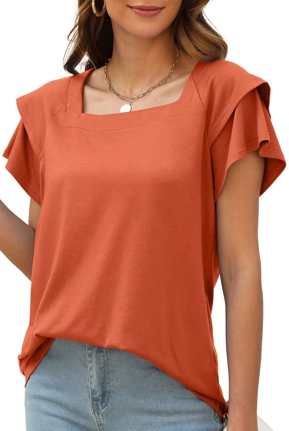 Womens Shirts Square Neck Ruffle Short Sleeve Summer Tops Orange
