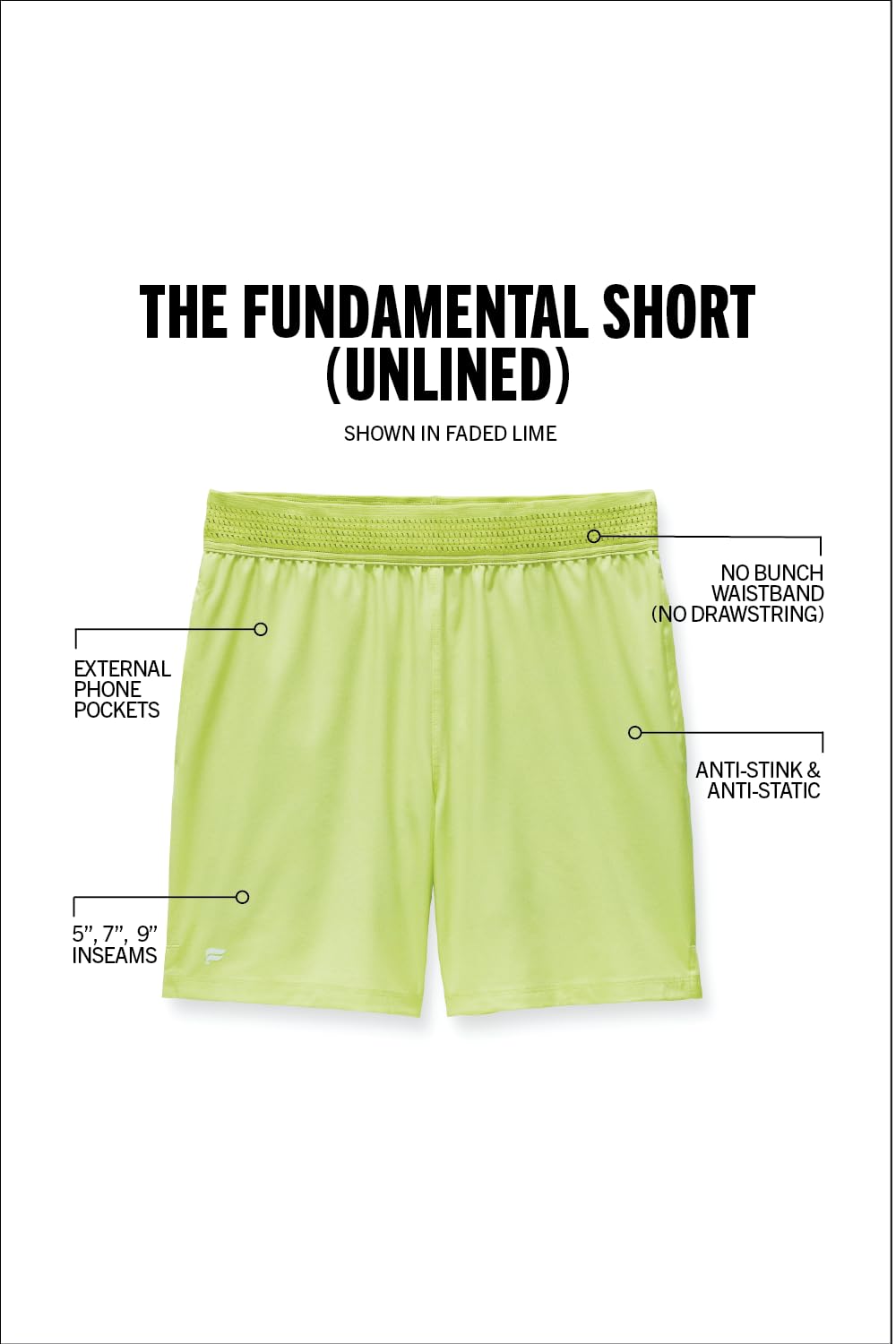 Fabletics Men's The Fundamental Short, Workout, Running, Training, Gym, Yoga, Ultra Lightweight, Athletic, 7" Inseam, M, Faded Lime