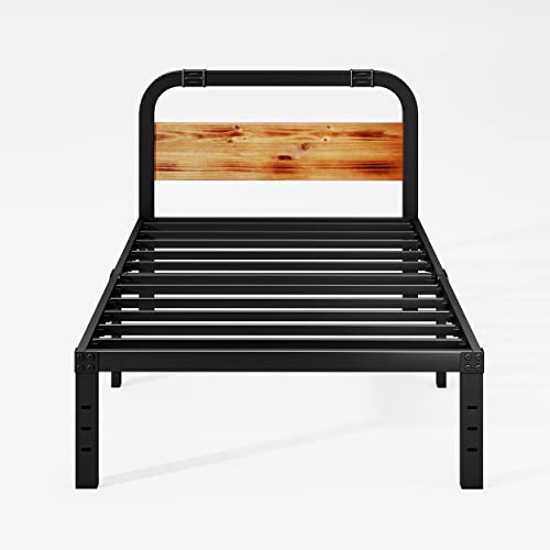 Aardhen Twin-XL Size Bed Frame 14 Inch Rustic Wood Headboard, Heavy Duty Steel Slats Support, Easy Assembly, No Box Spring Needed, Quiet and Sturdy