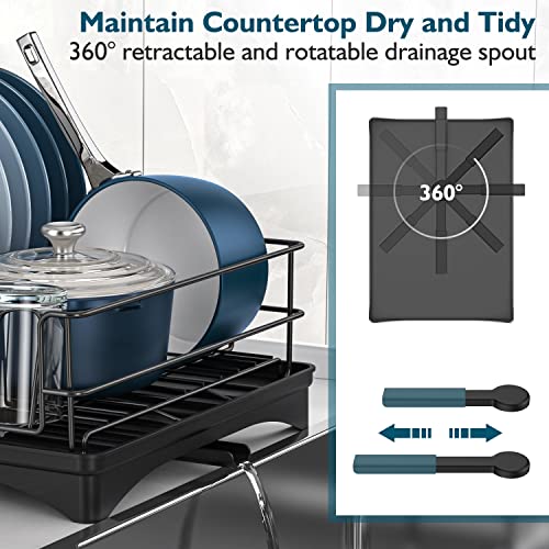 YASONIC Dish Drying Rack with Drainboard Small Stainless Steel Dish Drainer with Swivel Spout - Dish Racks for Kitchen Counter- Rustproof Dish Rack with Removable Utensil Holder - Black