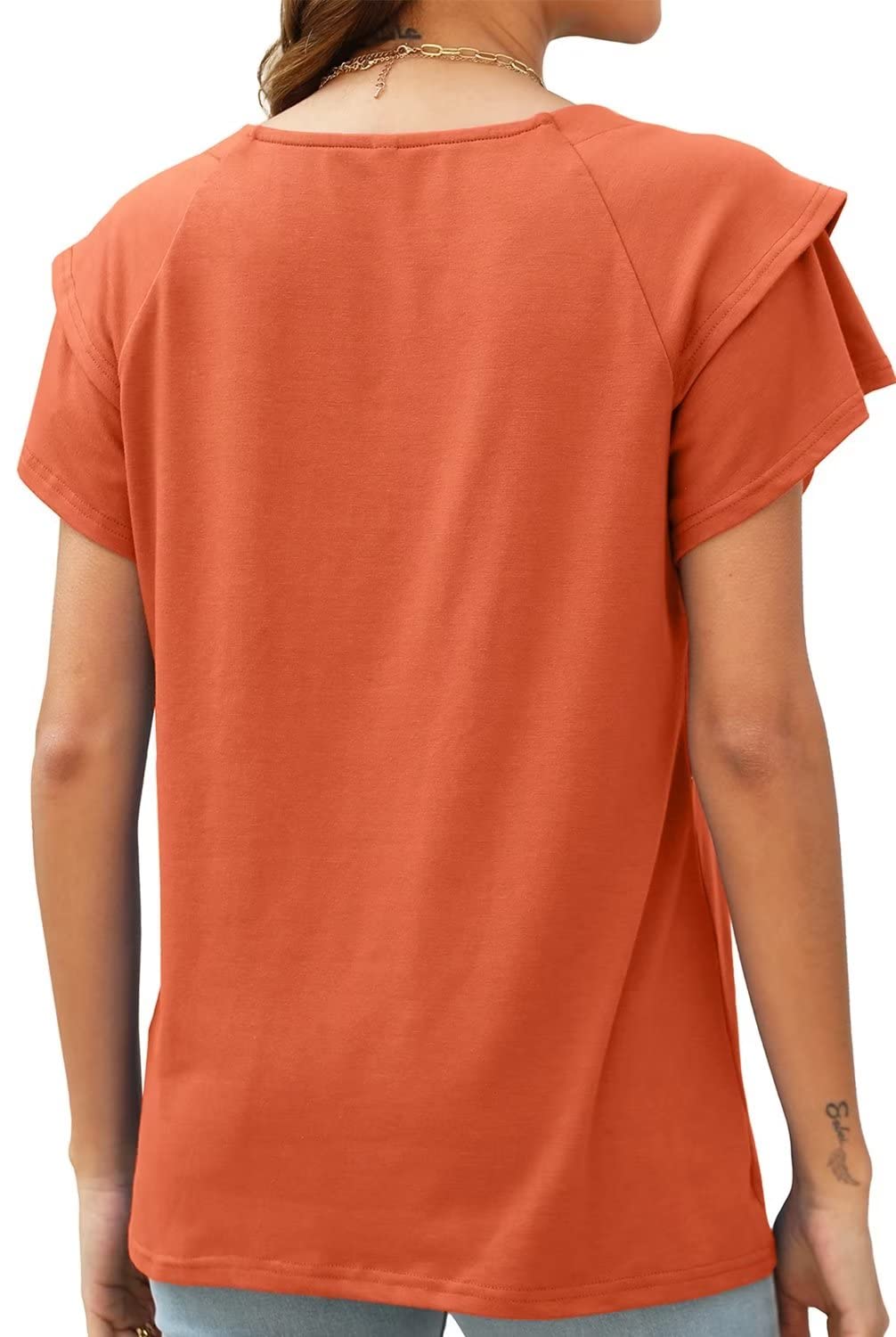 Womens Shirts Square Neck Ruffle Short Sleeve Summer Tops Orange