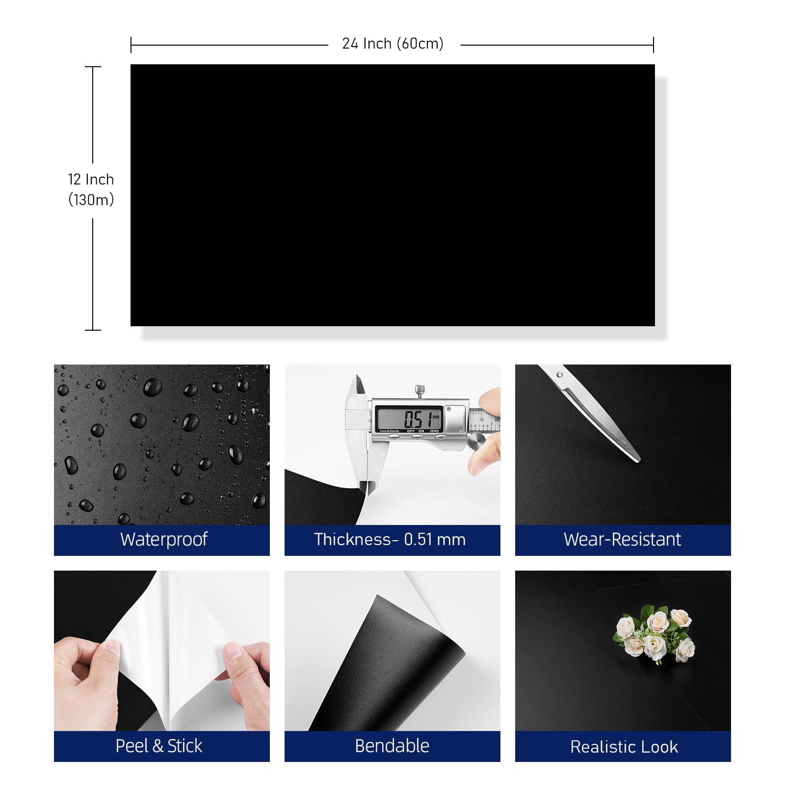 FunStick 12"x24" Peel and Stick Floor Tile Waterproof Black Vinyl Flooring Planks Peel and Stick Flooring Tiles for Bathroom Floor Tile Sticky Tiles for Kitchen Laminate Flooring Bedroom Laundry 5 Pcs