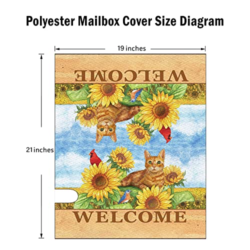 FBCOO Welcome Spring Summer Sunflower Cat Cardinal Mailbox Cover Magnetic Standard Size 21" x 19", Fall Autumn Kitty Tabby Flowers Decorative Post Letter Box Wrap Decor Red Bird Garden Yard Decoration