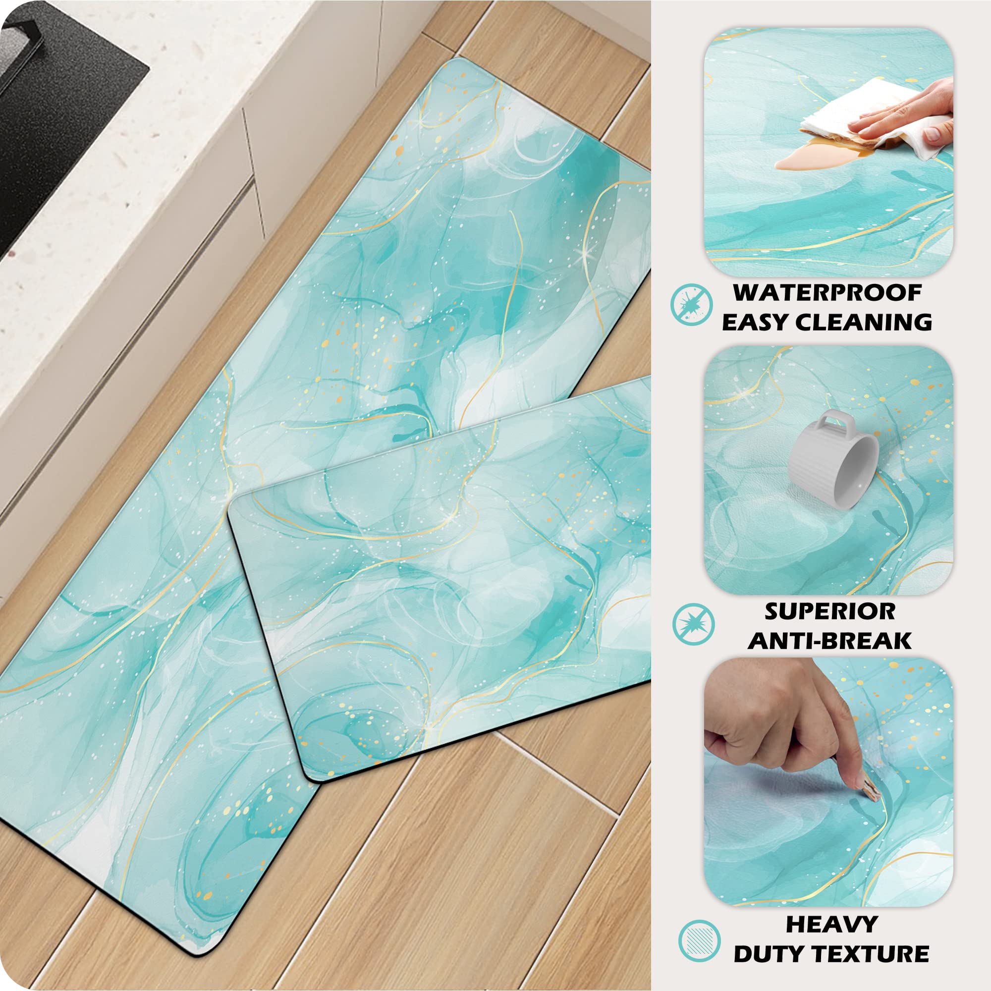 Teal Marble Kitchen Rugs Mats Sets 2 Gold Blue Turquoise Abstract Cushioned Anti-Fatigue Kitchen Floor Mat PVC Non-Slip Memory Foam Comfort Standing Mat for Sink Laundry, 17.3''x 28''+17.3'' x 47''