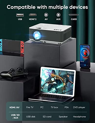 TMY Native 1080P Projector with 5G WiFi and Bluetooth 5.1, 320ANSI 4K Supported Mini Projector, Portable Projector Compatible with TV Stick/Phone/PC/DVD/HDMI/AV/USB/SD, Outdoor Movie Projector