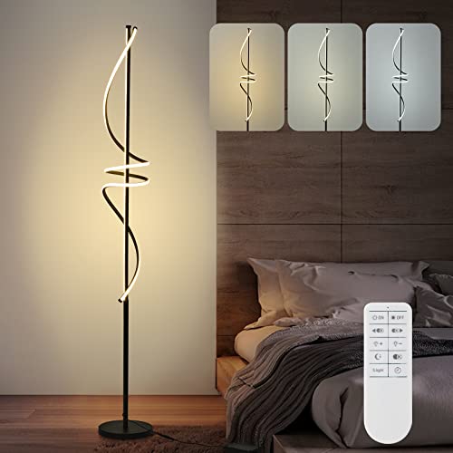 POWROL Modern LED Floor Lamp for Living Room,68 Inch Spiral Floor Lamp with Remote Control 48W 3 Color Temperature Dimmable Black Corner Floor Lamps Timer Tall Standing Lamp for Bedroom Office