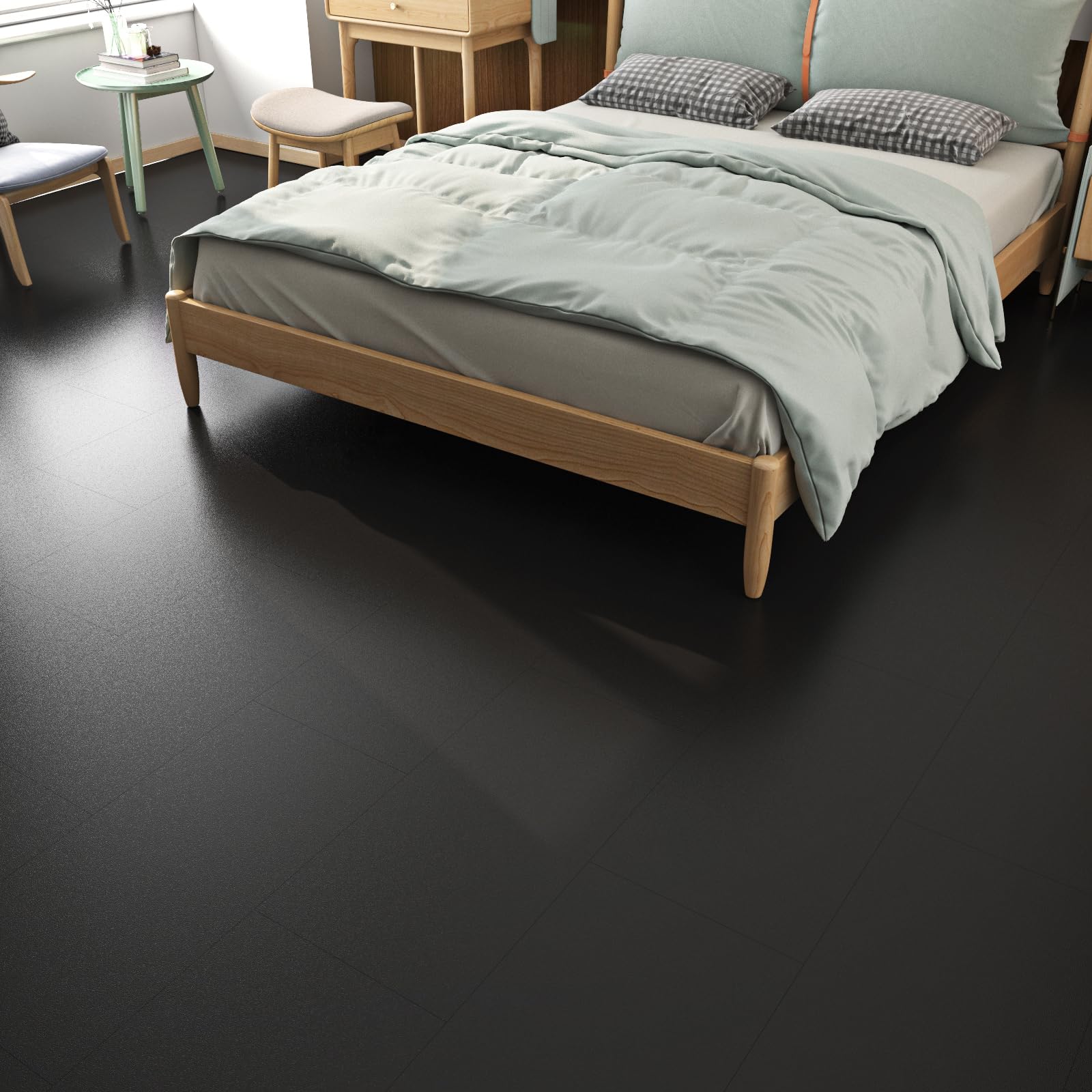 FunStick 12"x24" Peel and Stick Floor Tile Waterproof Black Vinyl Flooring Planks Peel and Stick Flooring Tiles for Bathroom Floor Tile Sticky Tiles for Kitchen Laminate Flooring Bedroom Laundry 5 Pcs