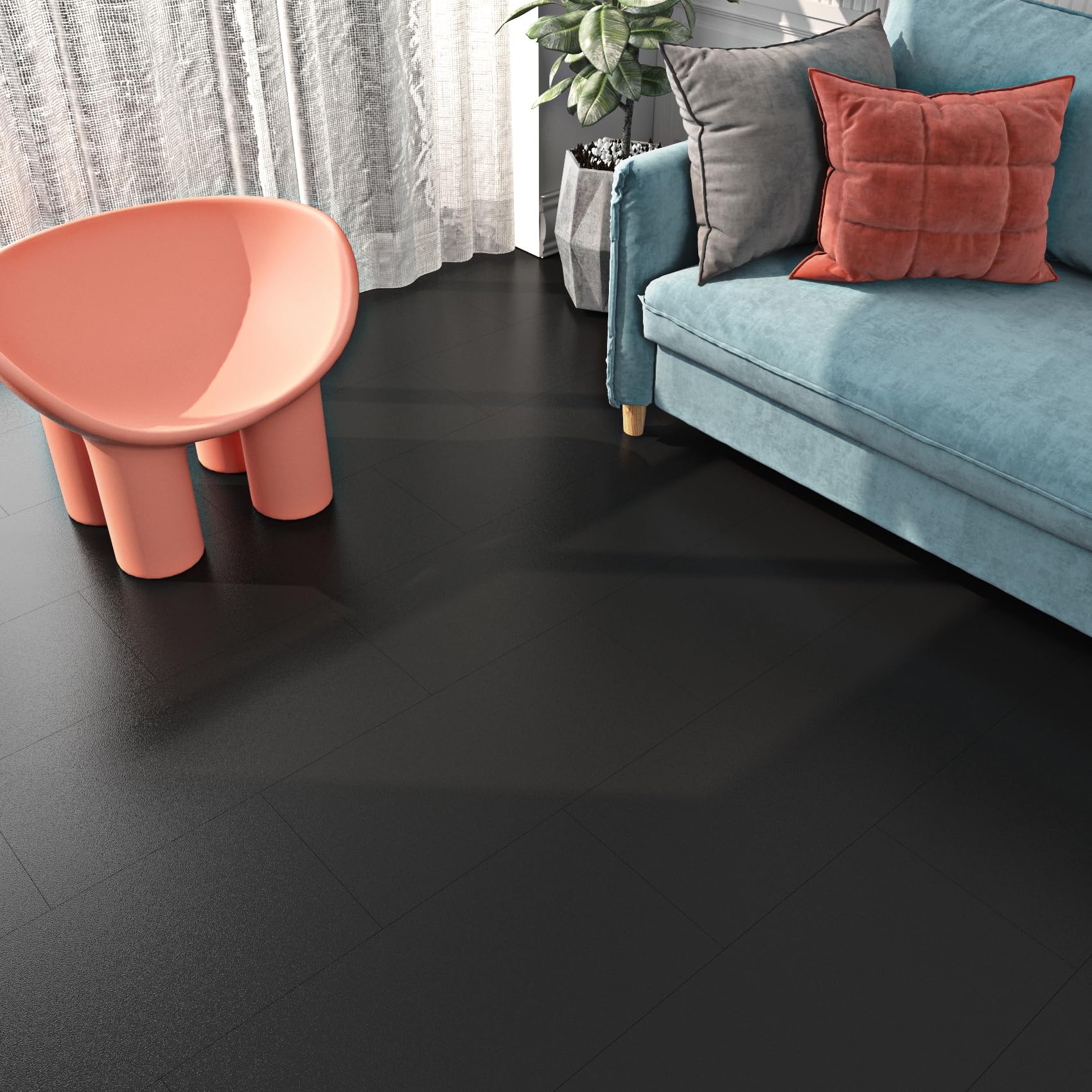 FunStick 12"x24" Peel and Stick Floor Tile Waterproof Black Vinyl Flooring Planks Peel and Stick Flooring Tiles for Bathroom Floor Tile Sticky Tiles for Kitchen Laminate Flooring Bedroom Laundry 5 Pcs