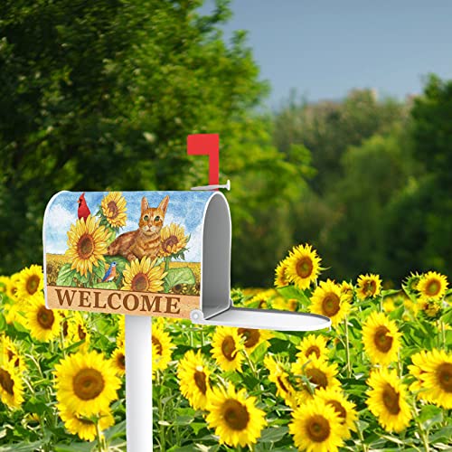 FBCOO Welcome Spring Summer Sunflower Cat Cardinal Mailbox Cover Magnetic Standard Size 21" x 19", Fall Autumn Kitty Tabby Flowers Decorative Post Letter Box Wrap Decor Red Bird Garden Yard Decoration