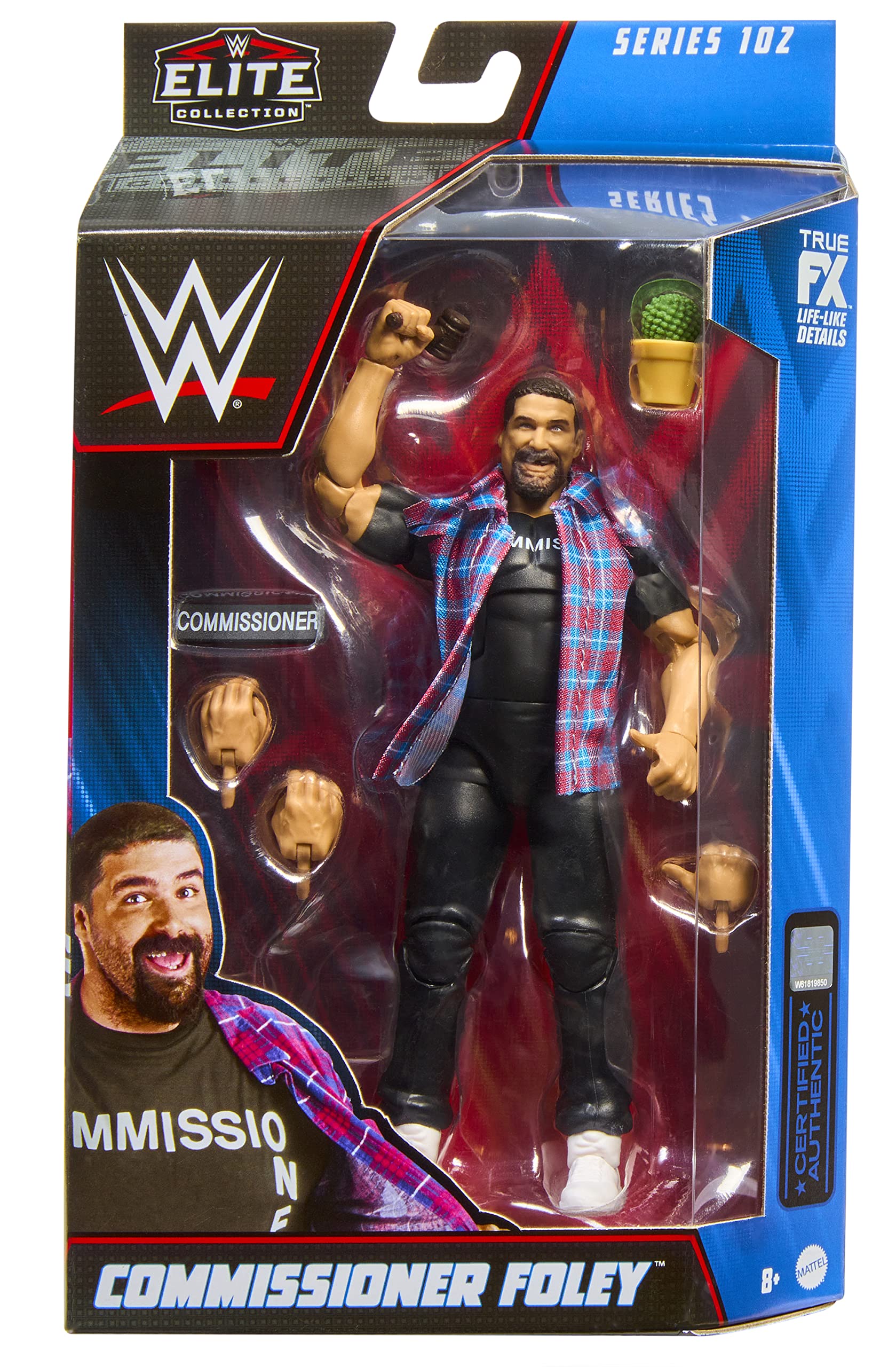 Mattel WWE Elite Collection Action Figure & Accessories, Series #102 Commissioner Foley 6-inch Collectible with 25 Articulation Points & Swappable Hands