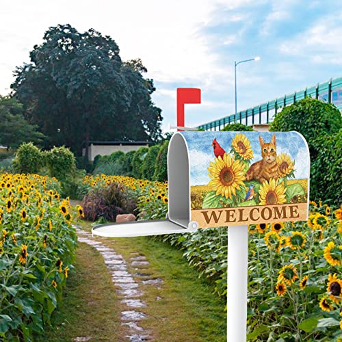 FBCOO Welcome Spring Summer Sunflower Cat Cardinal Mailbox Cover Magnetic Standard Size 21" x 19", Fall Autumn Kitty Tabby Flowers Decorative Post Letter Box Wrap Decor Red Bird Garden Yard Decoration