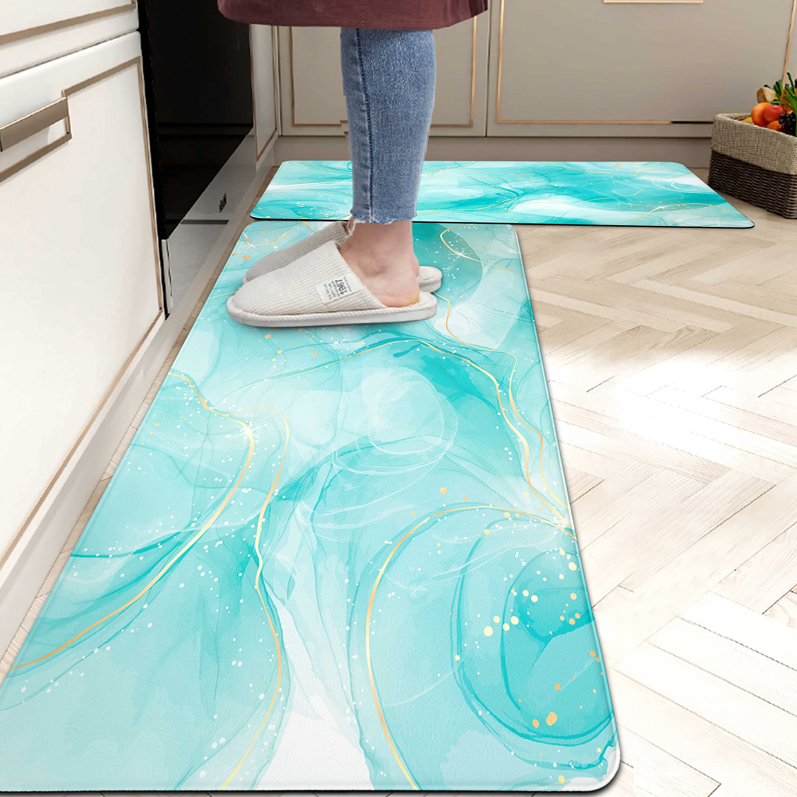 Teal Marble Kitchen Rugs Mats Sets 2 Gold Blue Turquoise Abstract Cushioned Anti-Fatigue Kitchen Floor Mat PVC Non-Slip Memory Foam Comfort Standing Mat for Sink Laundry, 17.3''x 28''+17.3'' x 47''