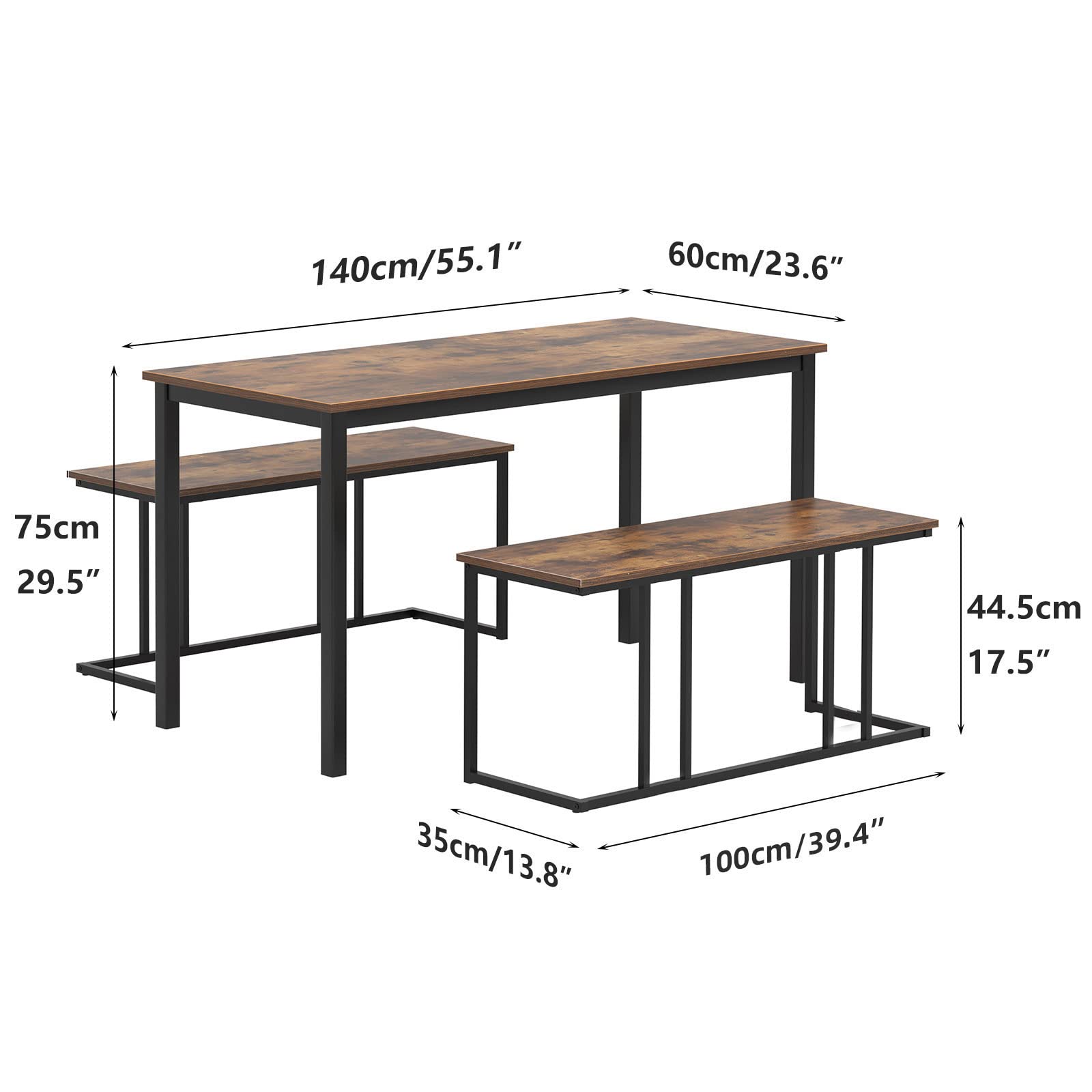 SogesPower 55.1 inches Dining Table Set,3-Pieces Kitcen Table Set for 2 Person Kitchen Breakfast Table Chair Set Pub Table and Chairs Set with 2 Bench Suitable for Kitchen Dining Room,Retro