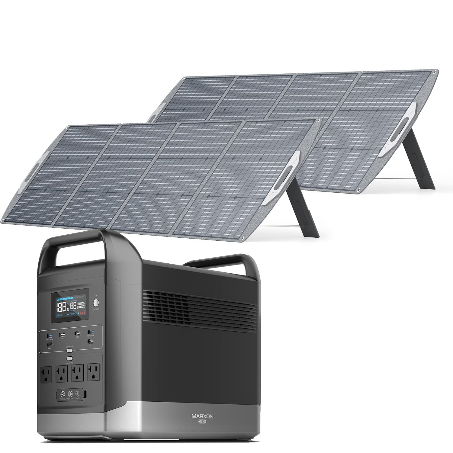Marxon Portable Power Station G1500 with 200W Solar Panel x2 Included, 1440Wh Solar Generator with 2 1800W (3600W Surge) AC Outlets, Power Backup Set for Home Outage, Ourdoor Camping, RV Trip.