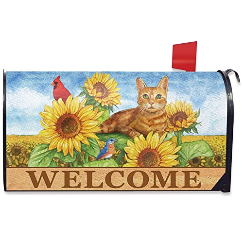 FBCOO Welcome Spring Summer Sunflower Cat Cardinal Mailbox Cover Magnetic Standard Size 21" x 19", Fall Autumn Kitty Tabby Flowers Decorative Post Letter Box Wrap Decor Red Bird Garden Yard Decoration