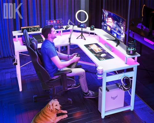 ODK L Shaped Gaming Desk with LED Lights & Power Outlets, 51" Computer Desk with Full Monitor Stand, Corner Desk with Cup Holder, Gaming Table with Hooks, White Carbon Fiber