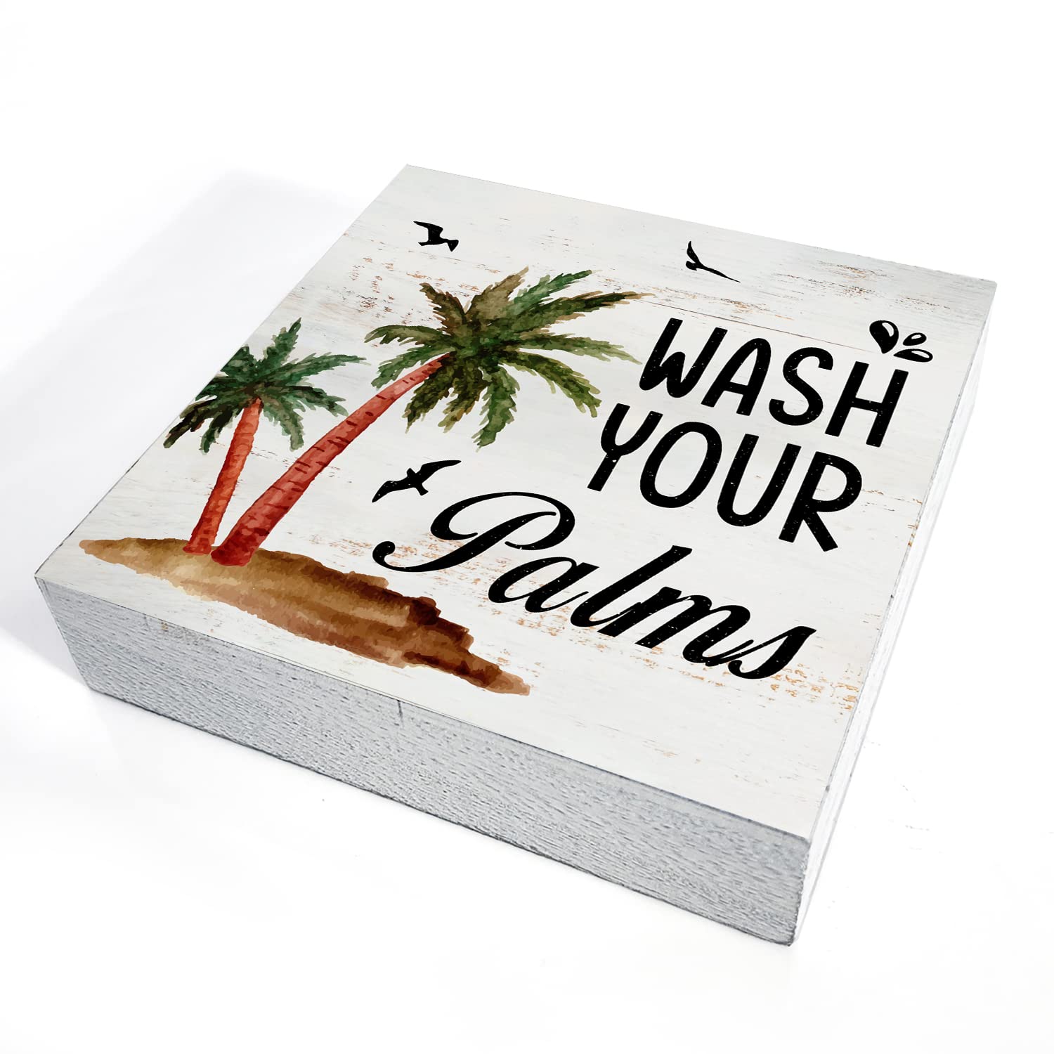 Wash Your Palms Wood Box Sign Home Decor Rustic Bathroom Quote Wooden Box Sign Block Plaque for Wall Tabletop Desk Home Bathroom Decoration 5" x 5"