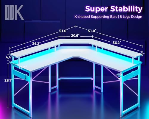 ODK L Shaped Gaming Desk with LED Lights & Power Outlets, 51" Computer Desk with Full Monitor Stand, Corner Desk with Cup Holder, Gaming Table with Hooks, White Carbon Fiber