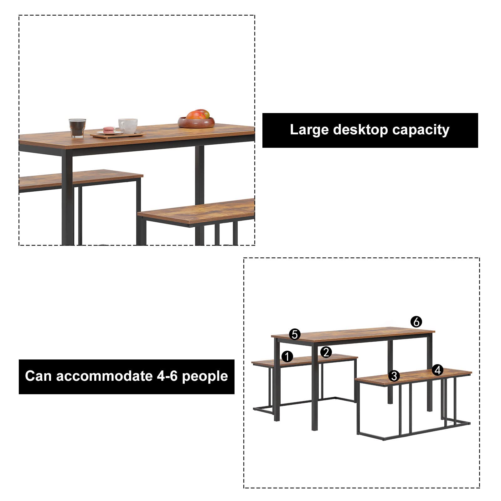 SogesPower 55.1 inches Dining Table Set,3-Pieces Kitcen Table Set for 2 Person Kitchen Breakfast Table Chair Set Pub Table and Chairs Set with 2 Bench Suitable for Kitchen Dining Room,Retro