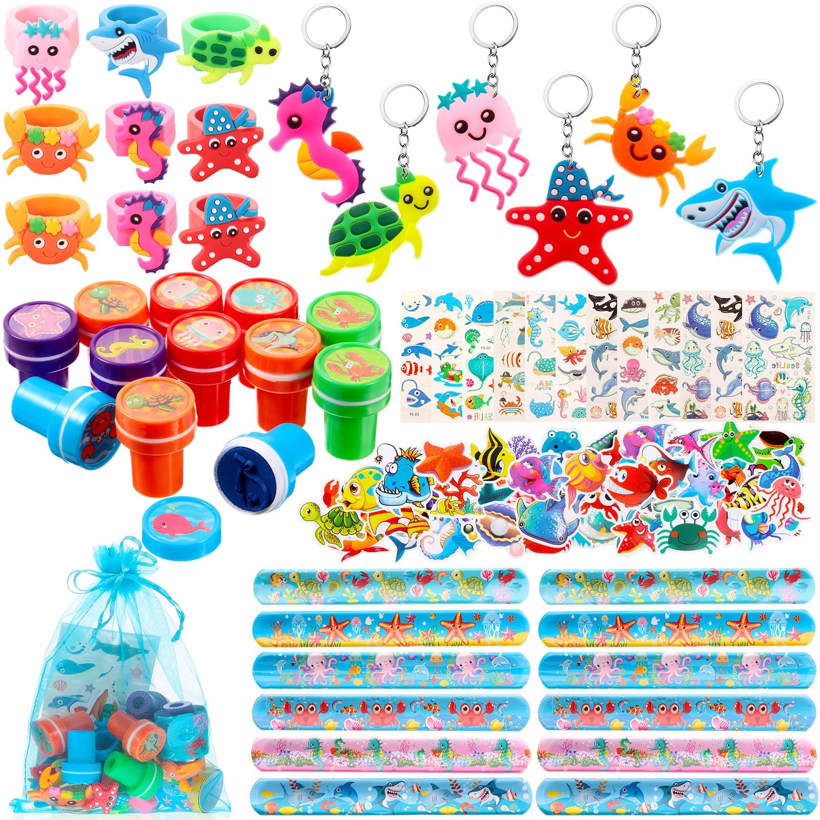 Capoda Under the Sea Party Favors Ocean Sea Animals Themed Party Dcorations Supplies, Bracelet Tattoo Sticker Stampers Keychain Ocean Goodie Bag Fillers for Birthday Rewards Gift(144 Pcs)