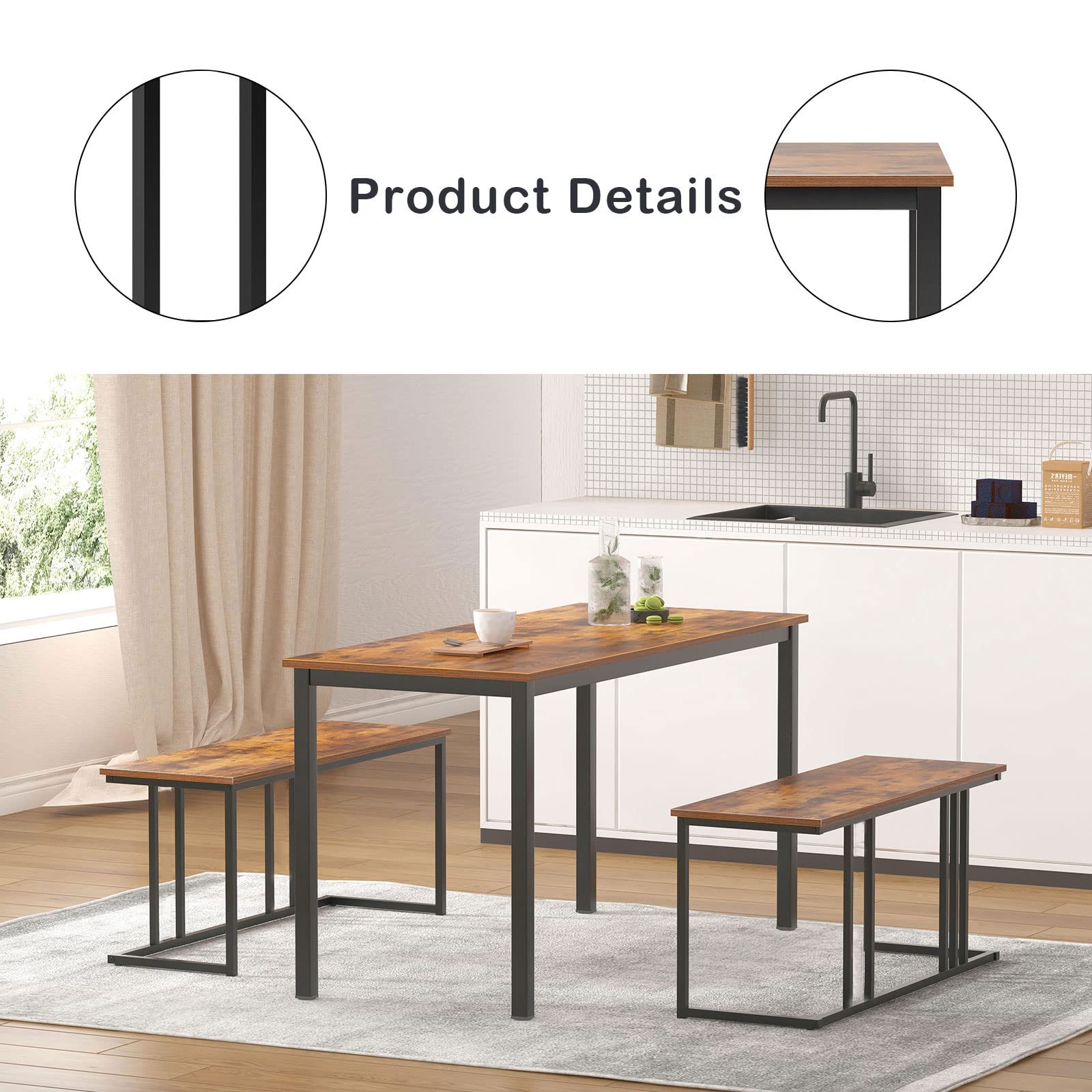 SogesPower 55.1 inches Dining Table Set,3-Pieces Kitcen Table Set for 2 Person Kitchen Breakfast Table Chair Set Pub Table and Chairs Set with 2 Bench Suitable for Kitchen Dining Room,Retro