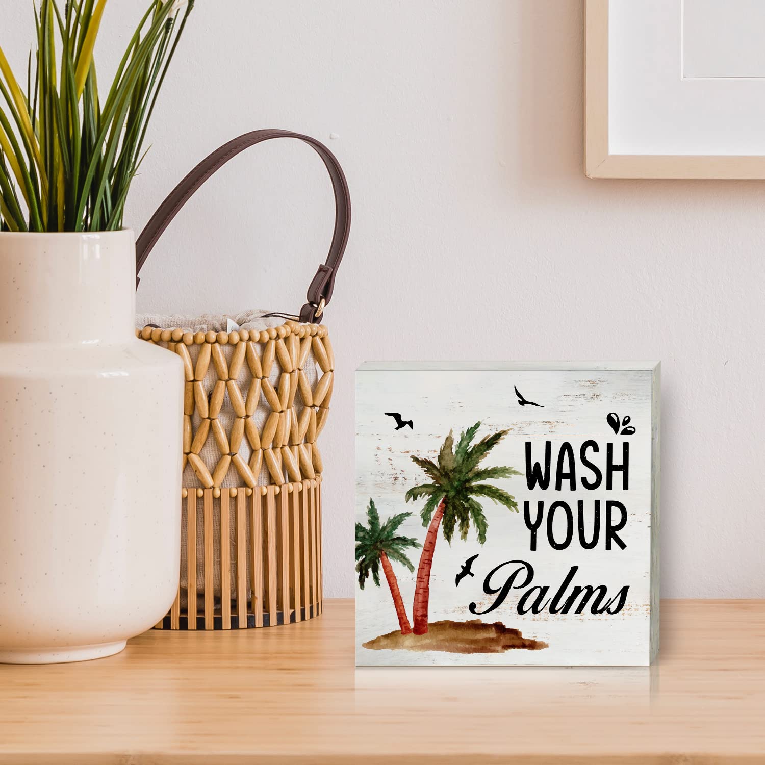 Wash Your Palms Wood Box Sign Home Decor Rustic Bathroom Quote Wooden Box Sign Block Plaque for Wall Tabletop Desk Home Bathroom Decoration 5" x 5"