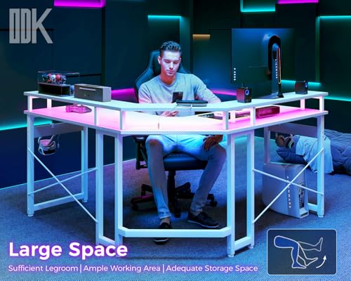 ODK L Shaped Gaming Desk with LED Lights & Power Outlets, 51" Computer Desk with Full Monitor Stand, Corner Desk with Cup Holder, Gaming Table with Hooks, White Carbon Fiber