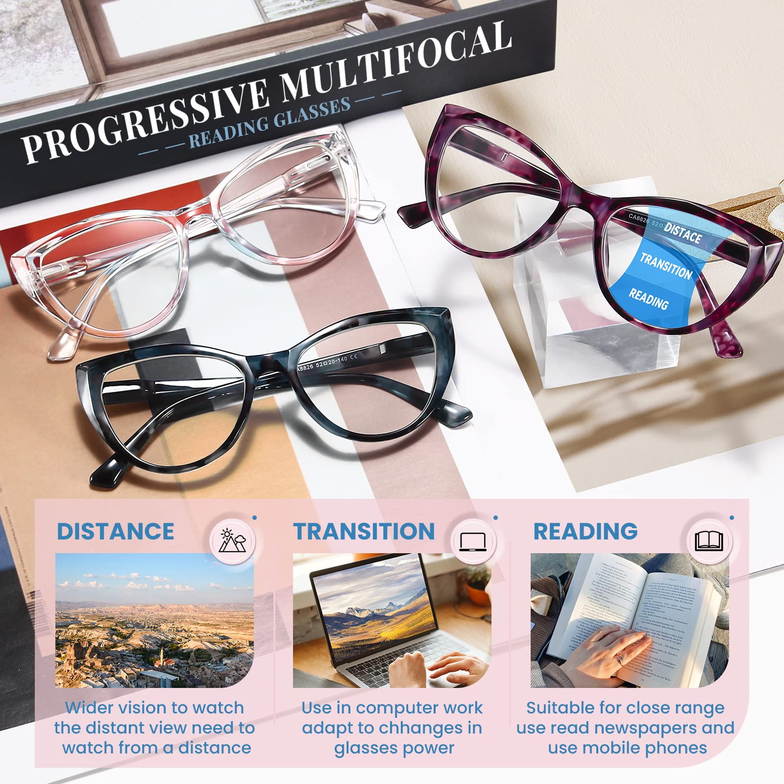Gaoye 3 Pack Cat Eye Progressive Multifocal Readers+2 Pack Reading Glasses Women, Computer Magnifying Blue Light Blocking Readers Anti Glare (A1 5 PACK MIX, 1.5, multiplier_x)