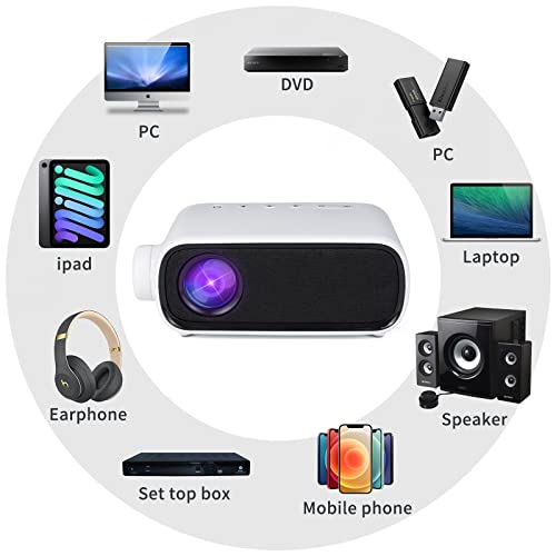 JIEFOCH Mini Projector Supported 1080P Full HD Movie Portable Outdoor Projector Video Projector for Laptop TV-Box, Compatible with HDMI USB Audio AV Interfaces and Remote Control(White)