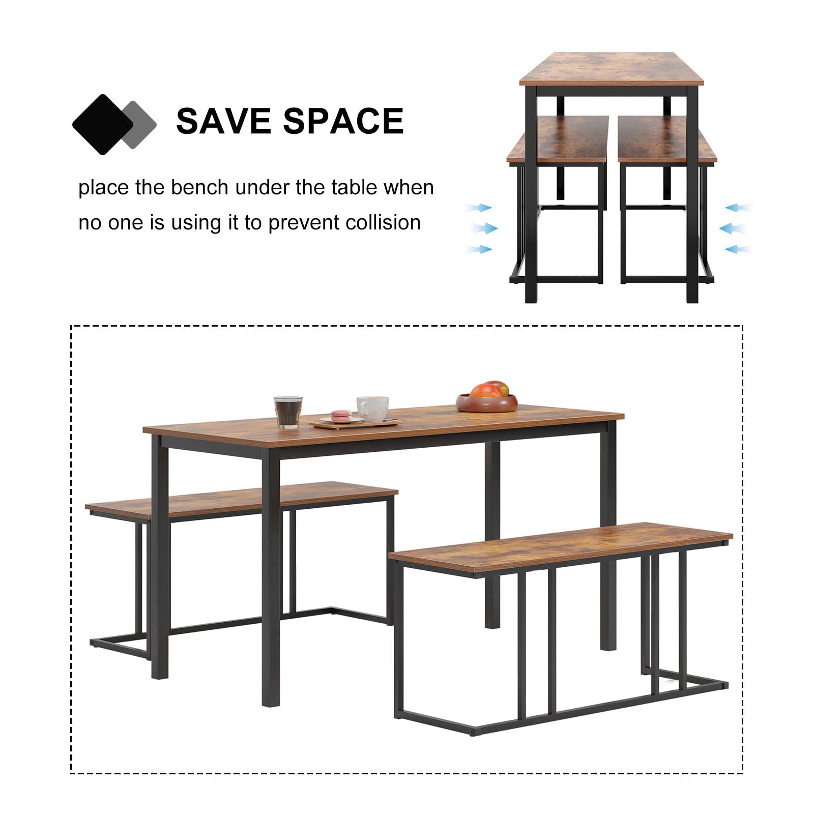 SogesPower 55.1 inches Dining Table Set,3-Pieces Kitcen Table Set for 2 Person Kitchen Breakfast Table Chair Set Pub Table and Chairs Set with 2 Bench Suitable for Kitchen Dining Room,Retro