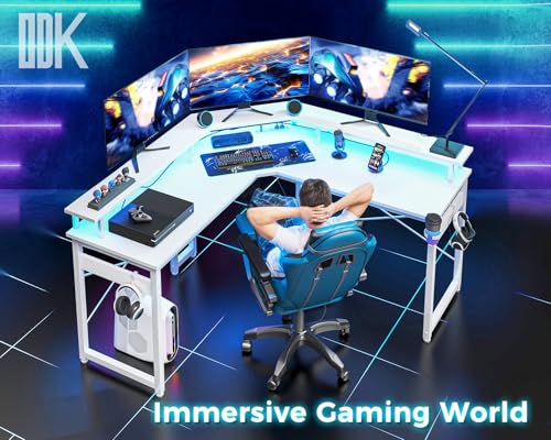 ODK L Shaped Gaming Desk with LED Lights & Power Outlets, 51" Computer Desk with Full Monitor Stand, Corner Desk with Cup Holder, Gaming Table with Hooks, White Carbon Fiber