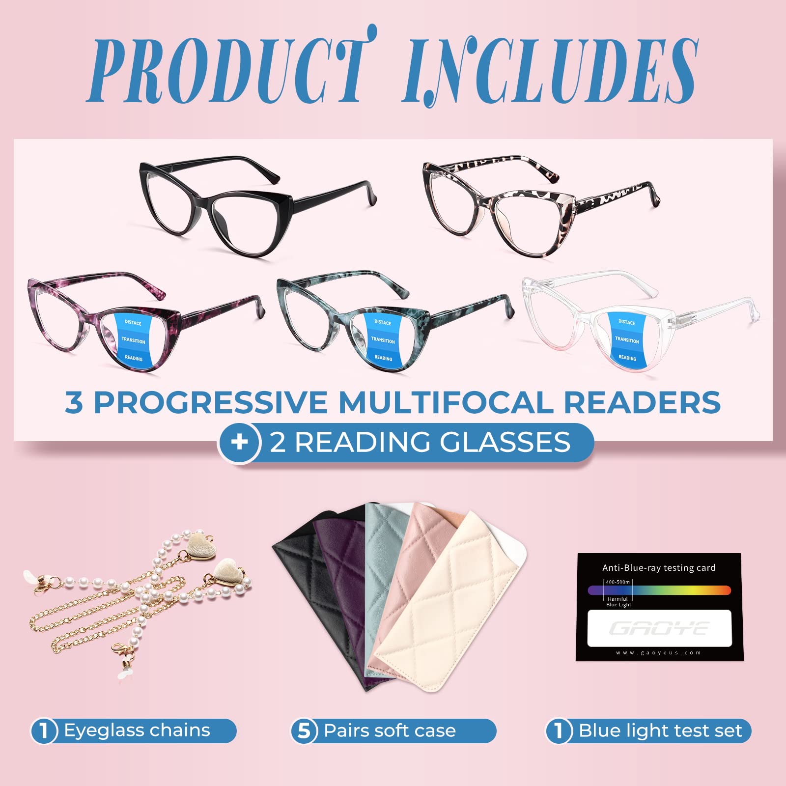 Gaoye 3 Pack Cat Eye Progressive Multifocal Readers+2 Pack Reading Glasses Women, Computer Magnifying Blue Light Blocking Readers Anti Glare (A1 5 PACK MIX, 1.5, multiplier_x)