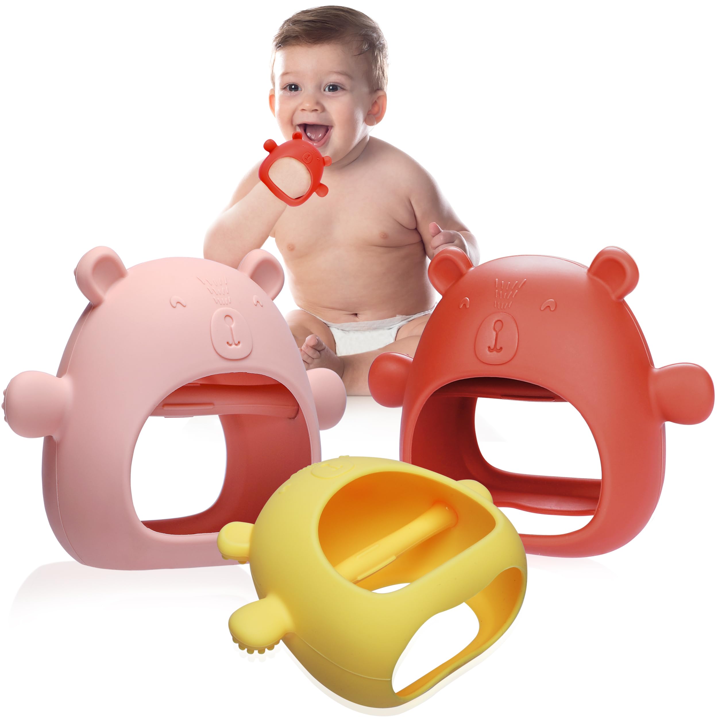 TFav Baby Bear Teether for Babies -3 pcs Pink, Yellow & Red -Silicone Mitten teether for 3 Months+ Boys & Girls -Hand Pacifier That Fits on Fist -Calm Down The Fussy Baby Calm Down Fussy Baby