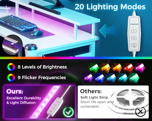 ODK L Shaped Gaming Desk with LED Lights & Power Outlets, 51" Computer Desk with Full Monitor Stand, Corner Desk with Cup Holder, Gaming Table with Hooks, White Carbon Fiber
