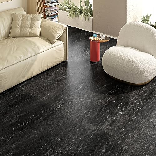 FunStick 15 Pcs 12x24 Peel and Stick Flooring Tiles Black Grey Marble Self Adhesive Vinyl Floor Tiles Peel and Stick Floor Tile Waterproof Vinyl Plank Flooring for Bathroom Kitchen Bedroom Wall Tiles