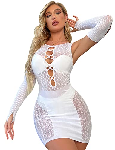 DMLBC Women Fishnet Bodysuits,Sexy Mesh Babydoll,Women's Floral Lace Lingerie,Bodysuit Dress,One Piece Babydoll One Size (w530 white, Large)