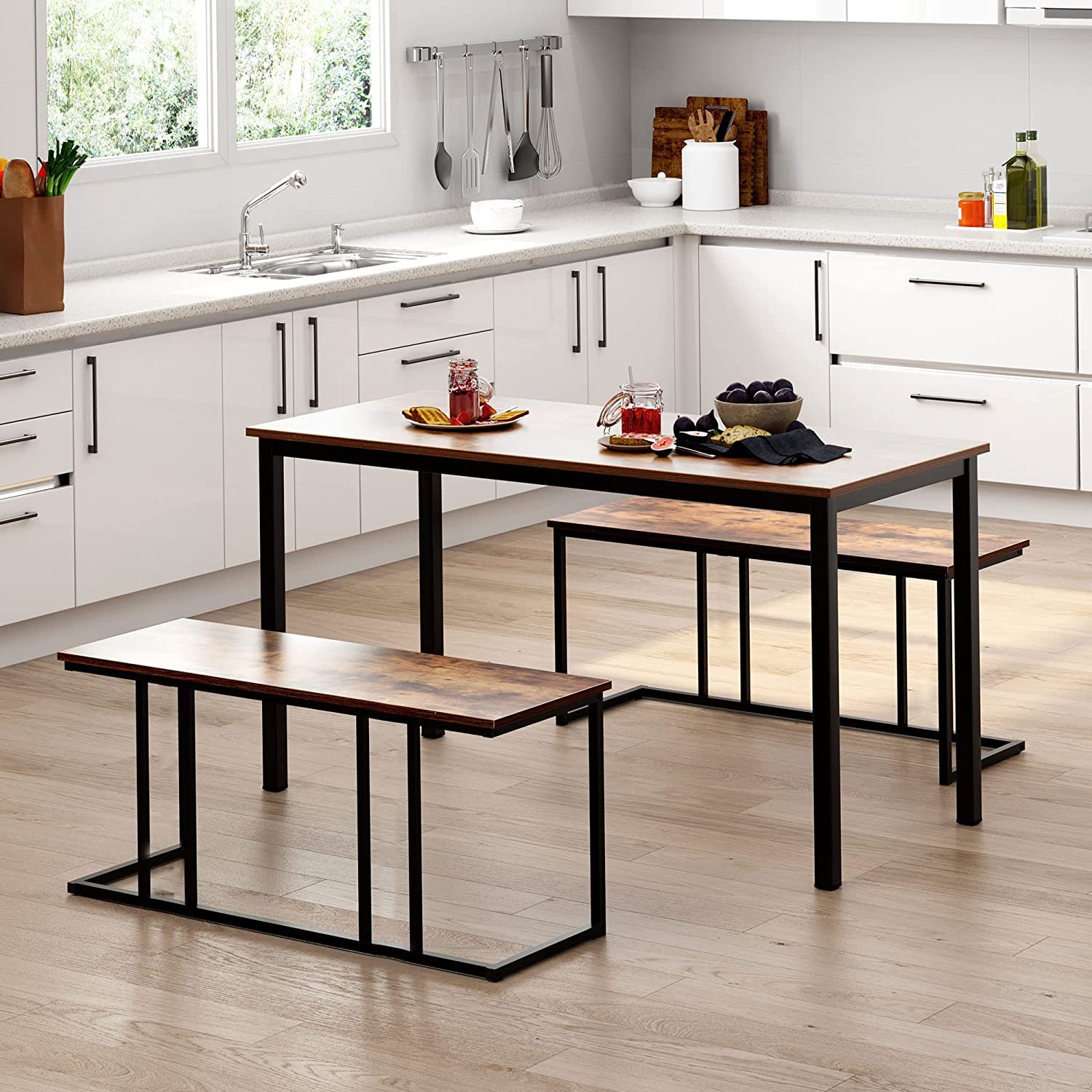SogesPower 55.1 inches Dining Table Set,3-Pieces Kitcen Table Set for 2 Person Kitchen Breakfast Table Chair Set Pub Table and Chairs Set with 2 Bench Suitable for Kitchen Dining Room,Retro