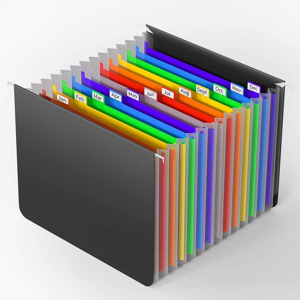 Plastic Expanding Hanging File Folders Letter Size,13 Expandable Pockets,Colored and Blank Tabs,Innovative Accordion Hanging Folder for Filing Cabinet,Fun Storage Office Supplies,Rainbow Black