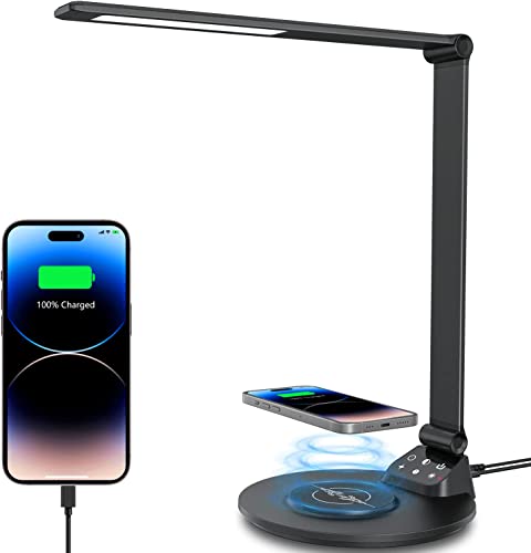 EppieBasic Led Desk Lamp with 10W Fast Wireless Charger,Table Lamp with Type C Charging Port,Eye-Caring Office Lamp-5 Brightness Levels-5 Color Modes for Home Office Dorm Study Reading