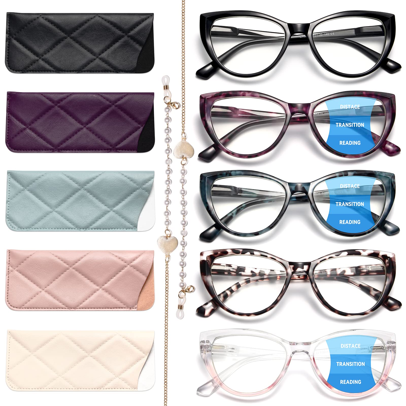 Gaoye 3 Pack Cat Eye Progressive Multifocal Readers+2 Pack Reading Glasses Women, Computer Magnifying Blue Light Blocking Readers Anti Glare (A1 5 PACK MIX, 1.5, multiplier_x)