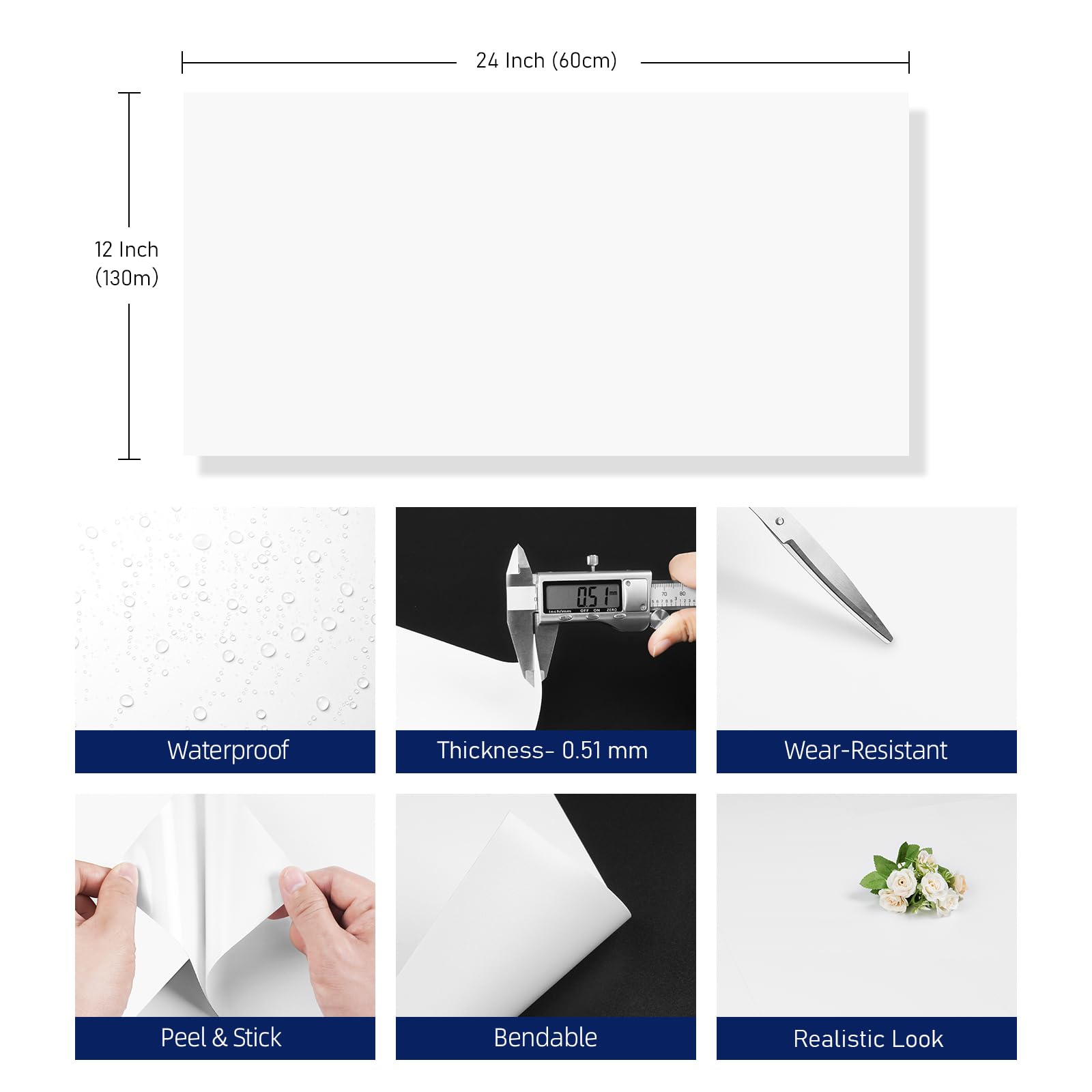 FunStick 12"x24" White Peel and Stick Floor Tile Waterproof White Vinyl Flooring Peel and Stick Wall Tiles for Kitchen Bathroom Stick on Floor Tiles for Bedroom Sticky Laminate Flooring Tiles 5 Pcs