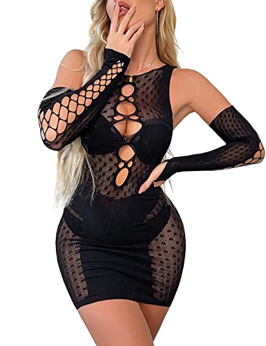 DMLBC Women Fishnet Bodysuits,Sexy Mesh Babydoll,Women's Floral Lace Lingerie,Bodysuit Dress,One Piece Babydoll One Size (w530 black, Large)