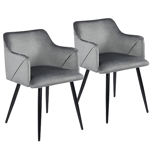 FurnitureR Set of 2, Velvet Fabric Side Accent Arm Scandinavian Modern with Metal Legs for Home Kitchen Living Bedroom Dining Chair, Grey