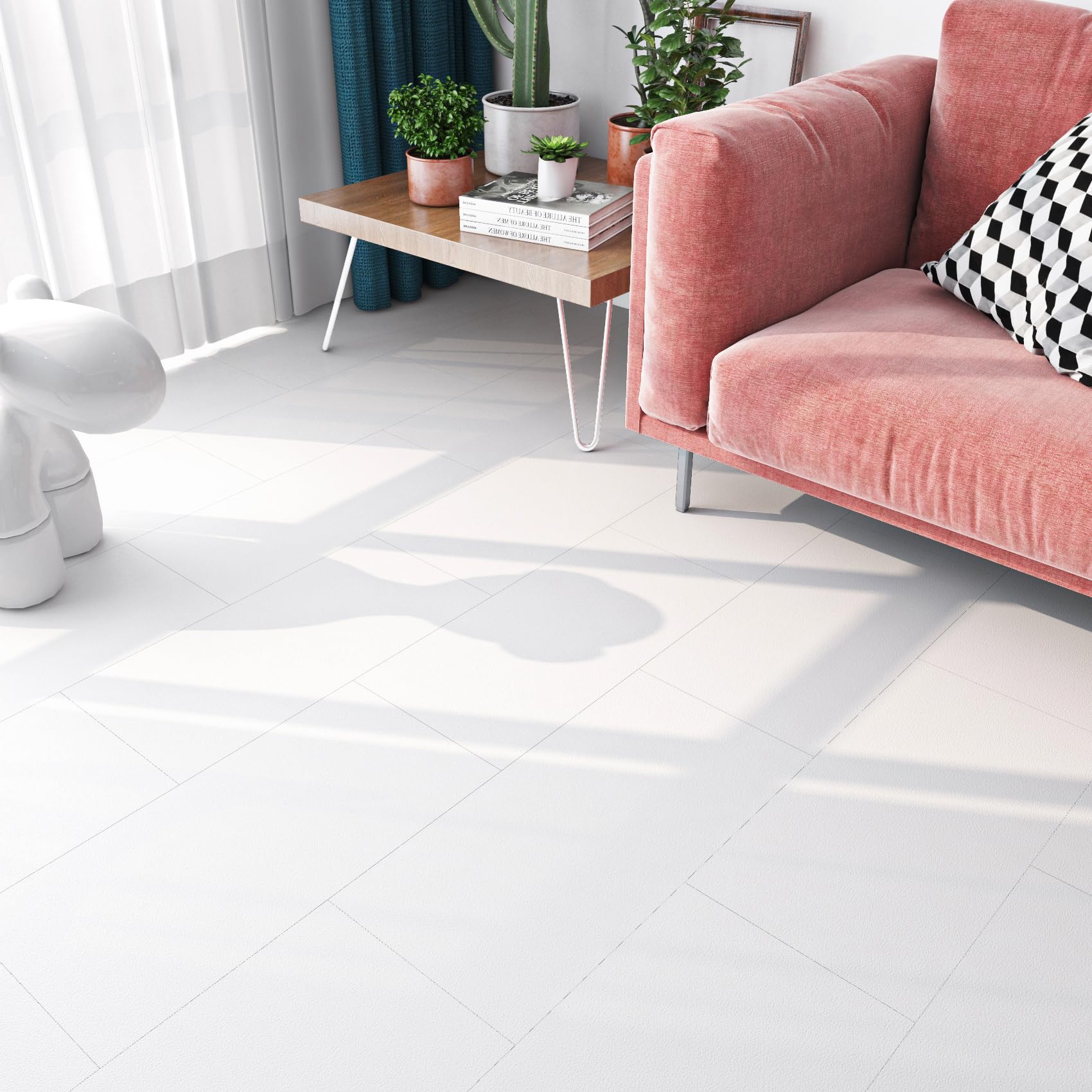 FunStick 12"x24" White Peel and Stick Floor Tile Waterproof White Vinyl Flooring Peel and Stick Wall Tiles for Kitchen Bathroom Stick on Floor Tiles for Bedroom Sticky Laminate Flooring Tiles 5 Pcs