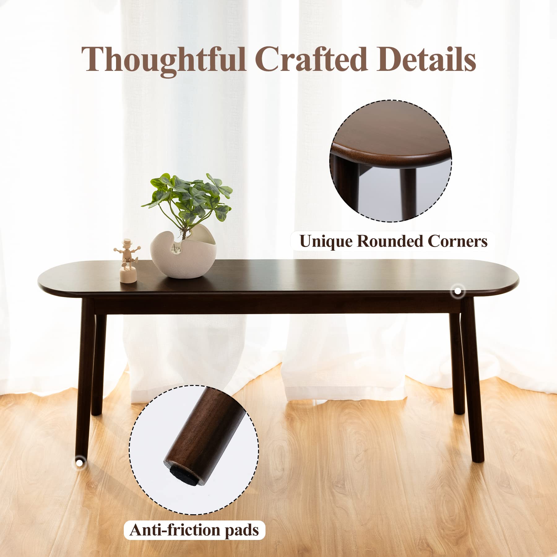 Cttasty Entryway Bench, Solid Wood Dining Bench, Midcentury End of Bed Bench w/Rounded Corner, Outdoor Bench w/Robust Construction, Bedroom Bench, 10.24" W x 17.72" H(Walnut 39.4inches)
