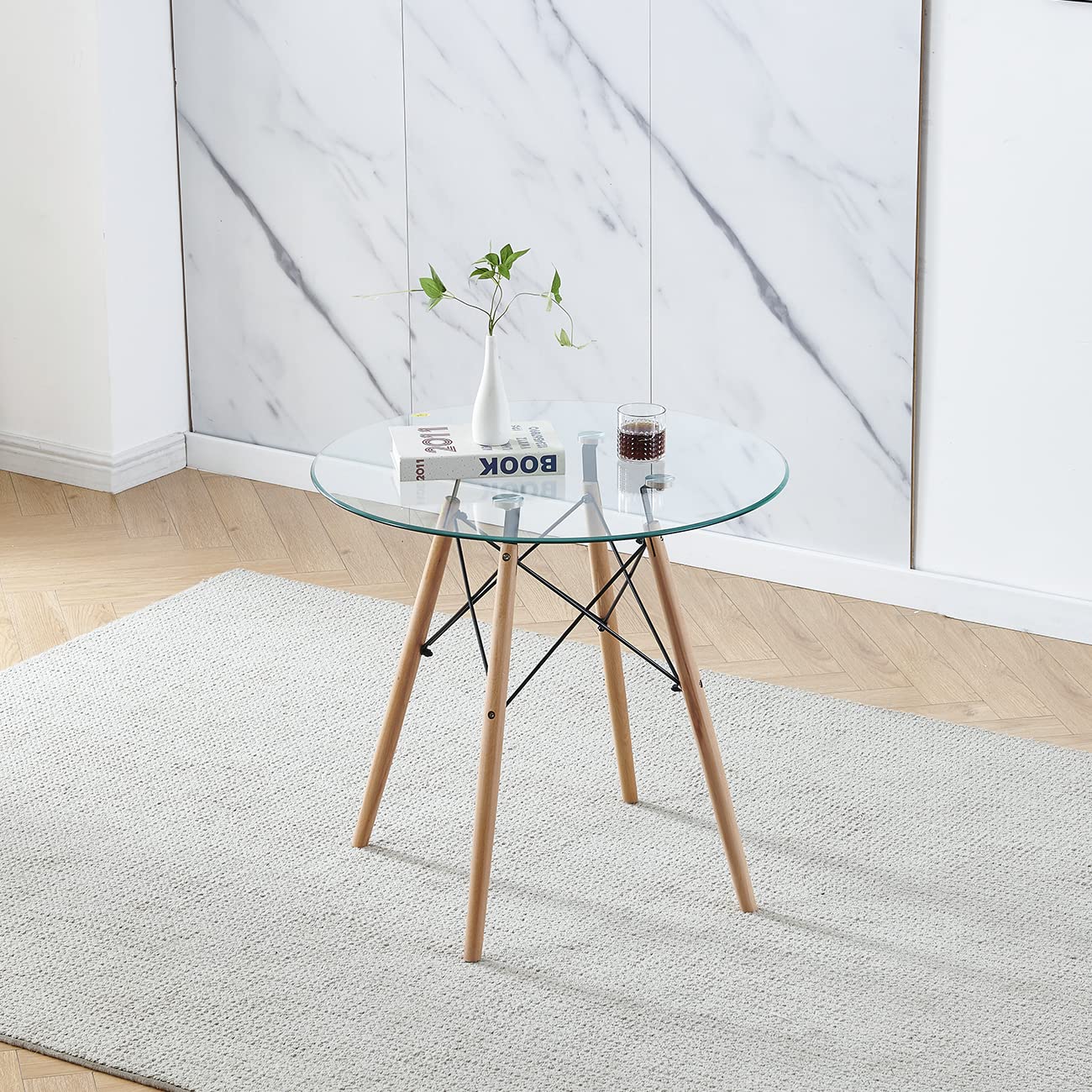 NIBLU Round Glass Dining Table Set for 2,Person Small Round Dinner Table and Velvet Chairs Set for Kitchen Room, 32 inch Leisure Coffee Table for Living Room Accent Table