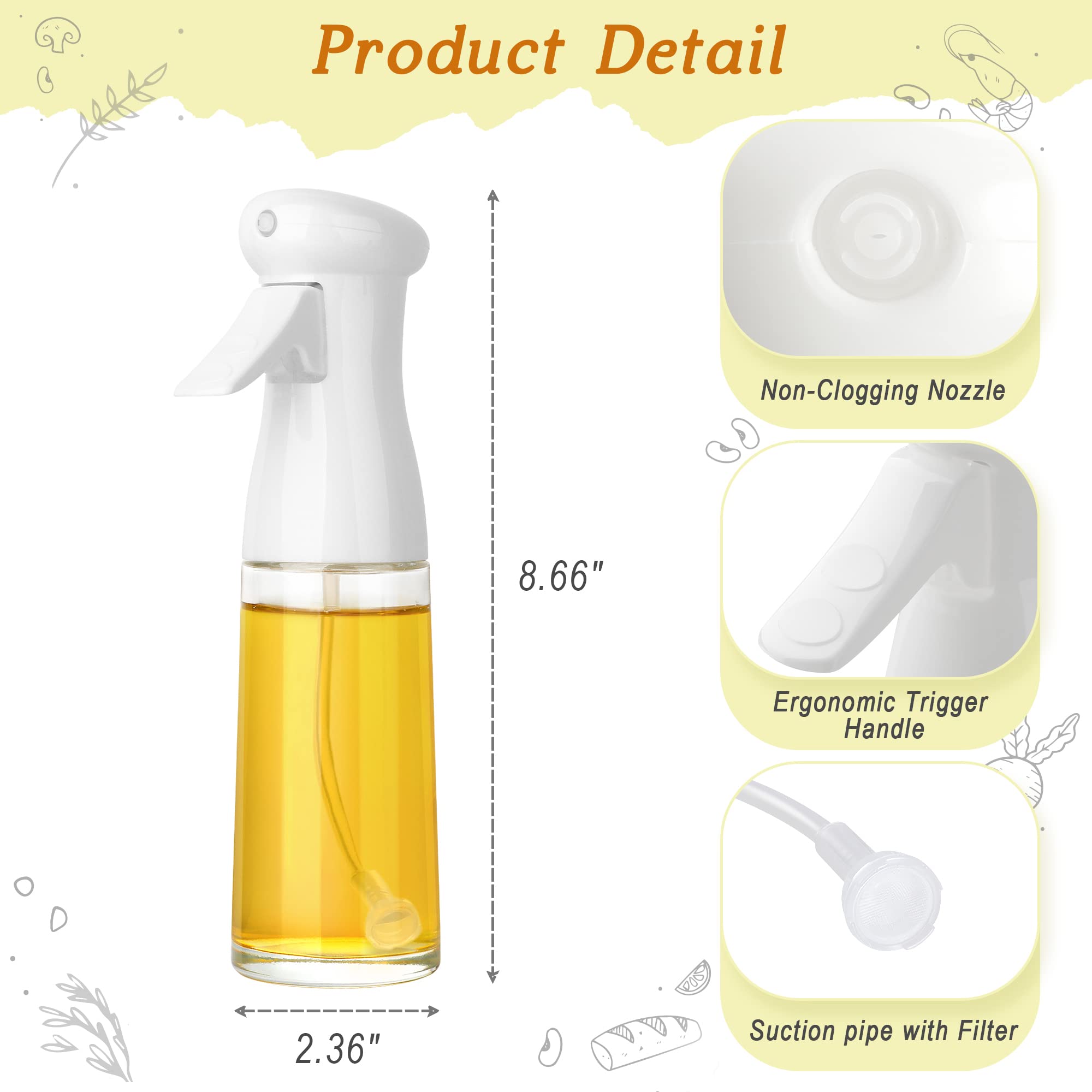 Chling Oil Sprayer for Cooking, 200ml Glass Olive Oil Sprayer Mister Bottle Kitchen Gadgets Accessories for Air Fryer Salad BBQ Baking Roasting White